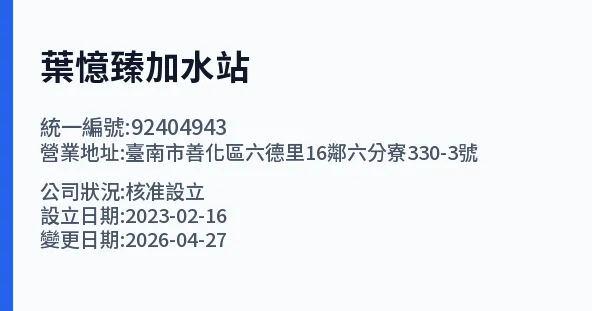 葉憶臻加水站的照片-統編 92404943(臺南市) 公司登記資料與營業項目詳細圖表