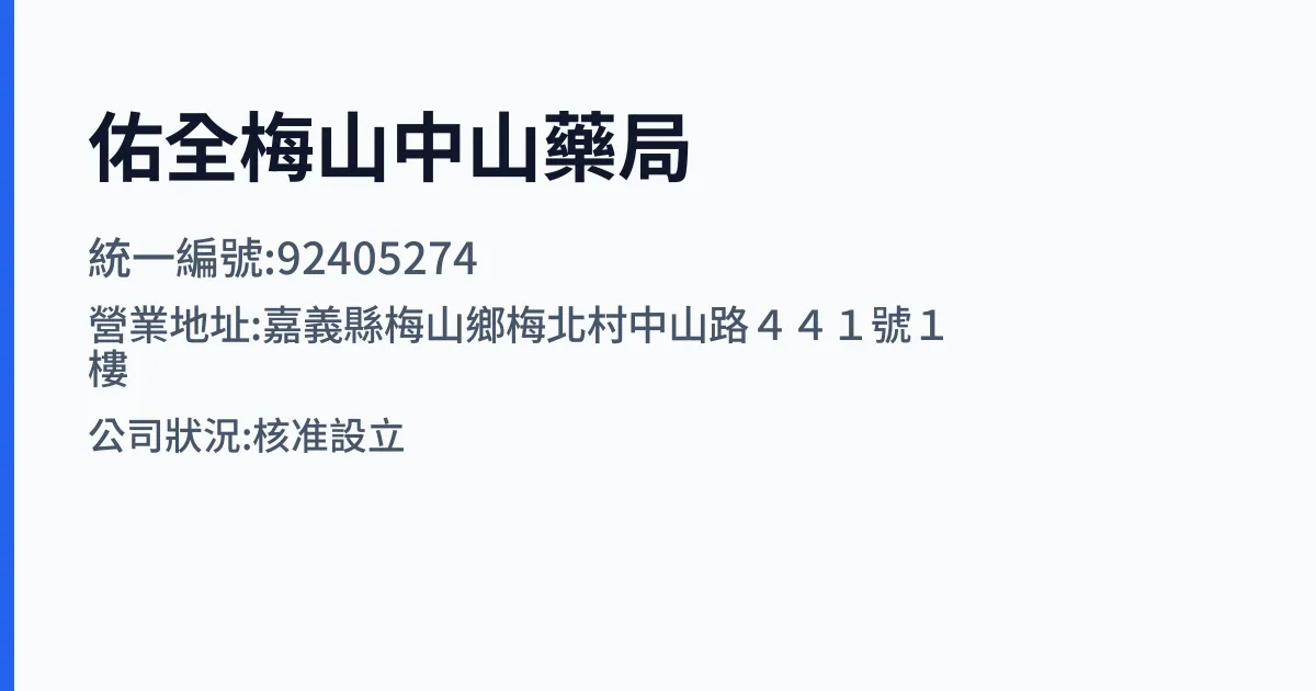 佑全梅山中山藥局 - 統編 92405274(嘉義縣) 公司登記資料與營業項目詳細圖表