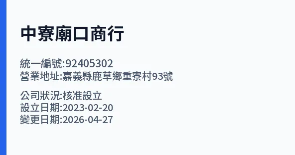 中寮廟口商行的照片-統編 92405302(嘉義縣) 公司登記資料與營業項目詳細圖表