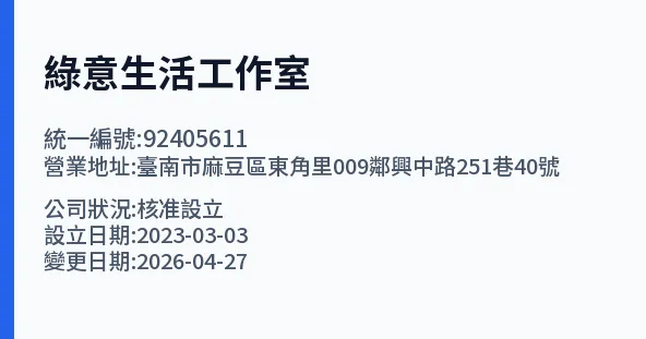 綠意生活工作室的照片-統編 92405611(臺南市) 公司登記資料與營業項目詳細圖表