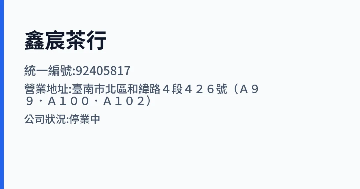鑫宸茶行 - 統編 92405817(臺南市) 公司登記資料與營業項目詳細圖表