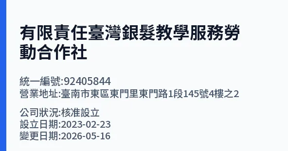 有限責任臺灣銀髮教學服務勞動合作社的照片-統編 92405844(臺南市) 公司登記資料與營業項目詳細圖表