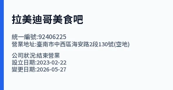 拉美迪哥美食吧的照片-統編 92406225(臺南市) 公司登記資料與營業項目詳細圖表