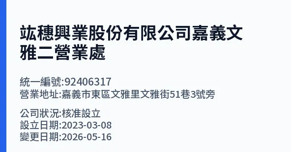 竑穗興業股份有限公司嘉義文雅二營業處的照片-統編 92406317(嘉義市) 公司登記資料與營業項目詳細圖表
