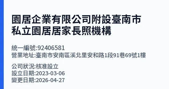 園居企業有限公司附設臺南市私立園居居家長照機構的照片-統編 92406581(臺南市) 公司登記資料與營業項目詳細圖表