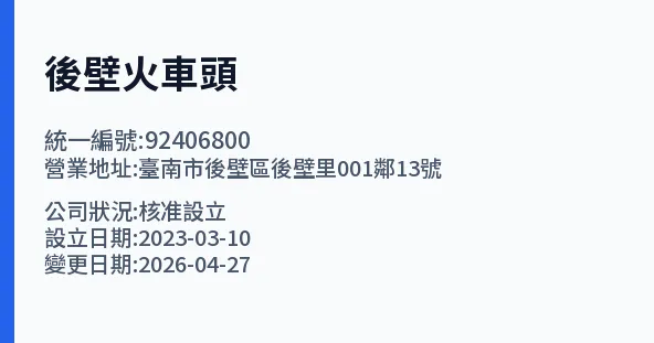 後壁火車頭的照片-統編 92406800(臺南市) 公司登記資料與營業項目詳細圖表