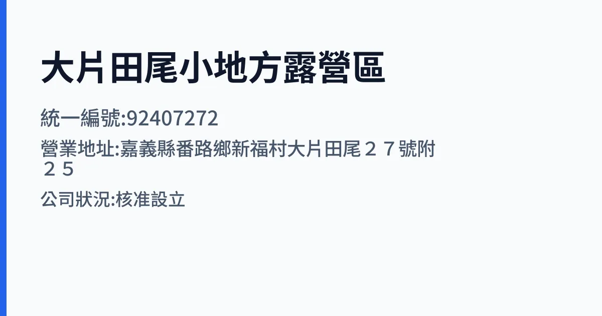 大片田尾小地方露營區 - 統編 92407272(嘉義縣) 公司登記資料與營業項目詳細圖表