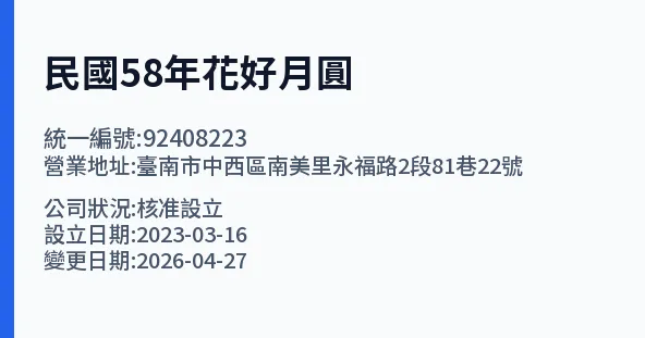 民國58年花好月圓的照片-統編 92408223(臺南市) 公司登記資料與營業項目詳細圖表