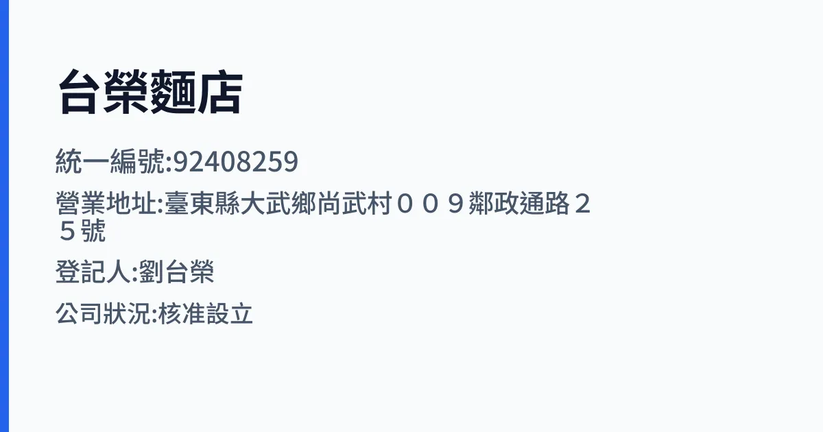 台榮麵店 - 統編 92408259(臺東縣) 公司登記資料與營業項目詳細圖表