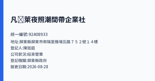 凡鮺萊夜照潮間帶企業社的照片-統編 92408933(屏東縣) 公司登記資料與營業項目詳細圖表