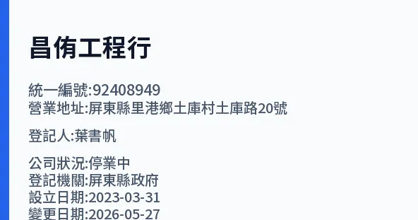 昌侑工程行的照片-統編 92408949(屏東縣) 公司登記資料與營業項目詳細圖表