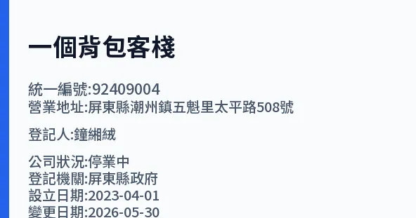 一個背包客棧的照片-統編 92409004(屏東縣) 公司登記資料與營業項目詳細圖表