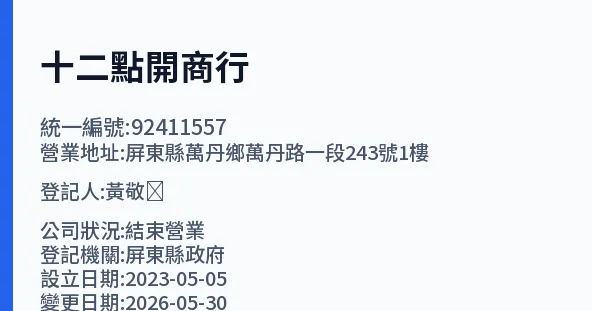 十二點開商行的照片-統編 92411557(屏東縣) 公司登記資料與營業項目詳細圖表