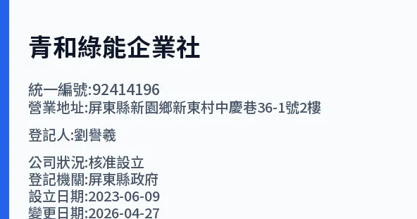 青和綠能企業社的照片-統編 92414196(屏東縣) 公司登記資料與營業項目詳細圖表