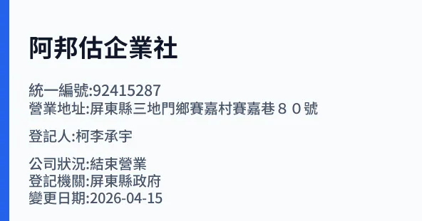 阿邦估企業社的照片-統編 92415287(屏東縣) 公司登記資料與營業項目詳細圖表