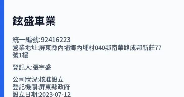鉉盛車業的照片-統編 92416223(屏東縣) 公司登記資料與營業項目詳細圖表