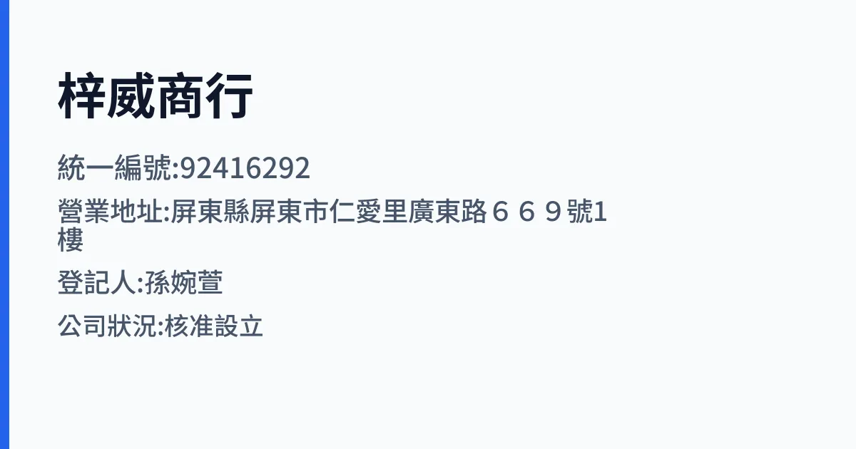 梓威商行 - 統編 92416292(屏東縣) 公司登記資料與營業項目詳細圖表