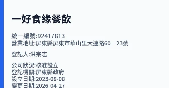 一好食緣餐飲的照片-統編 92417813(屏東縣) 公司登記資料與營業項目詳細圖表
