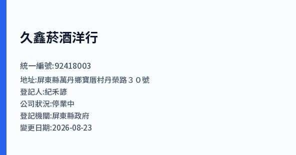 久鑫菸酒洋行的照片-統編 92418003(屏東縣) 公司登記資料與營業項目詳細圖表