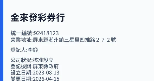 金來發彩券行的照片-統編 92418123(屏東縣) 公司登記資料與營業項目詳細圖表