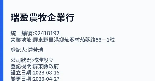 瑞盈農牧企業行的照片-統編 92418192(屏東縣) 公司登記資料與營業項目詳細圖表