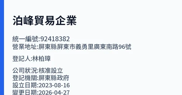 泊峰貿易企業的照片-統編 92418382(屏東縣) 公司登記資料與營業項目詳細圖表