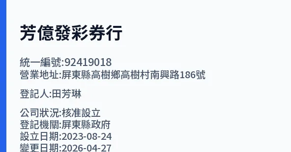 芳億發彩券行的照片-統編 92419018(屏東縣) 公司登記資料與營業項目詳細圖表