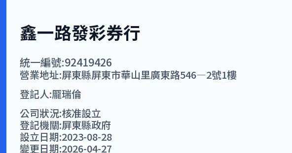 鑫一路發彩券行的照片-統編 92419426(屏東縣) 公司登記資料與營業項目詳細圖表