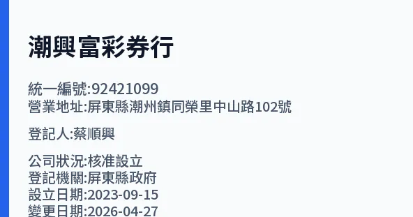 潮興富彩券行的照片-統編 92421099(屏東縣) 公司登記資料與營業項目詳細圖表