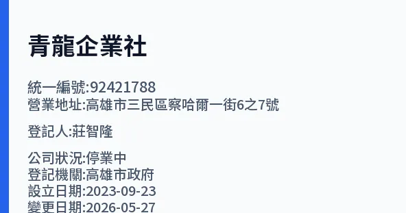 青龍企業社的照片-統編 92421788(高雄市) 公司登記資料與營業項目詳細圖表