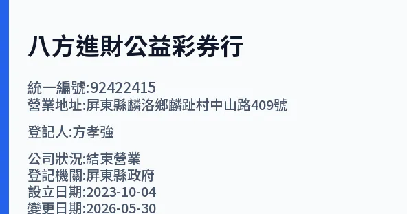 八方進財公益彩券行的照片-統編 92422415(屏東縣) 公司登記資料與營業項目詳細圖表