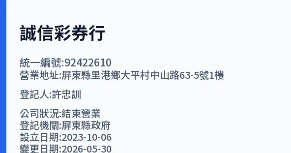 誠信彩券行的照片-統編 92422610(屏東縣) 公司登記資料與營業項目詳細圖表