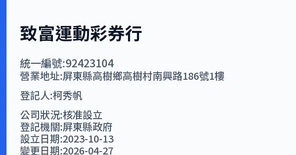 致富運動彩券行的照片-統編 92423104(屏東縣) 公司登記資料與營業項目詳細圖表