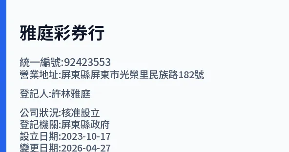 雅庭彩券行的照片-統編 92423553(屏東縣) 公司登記資料與營業項目詳細圖表