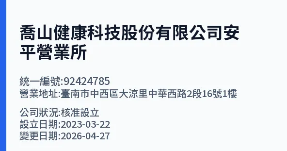 喬山健康科技股份有限公司安平營業所的照片-統編 92424785(臺南市) 公司登記資料與營業項目詳細圖表