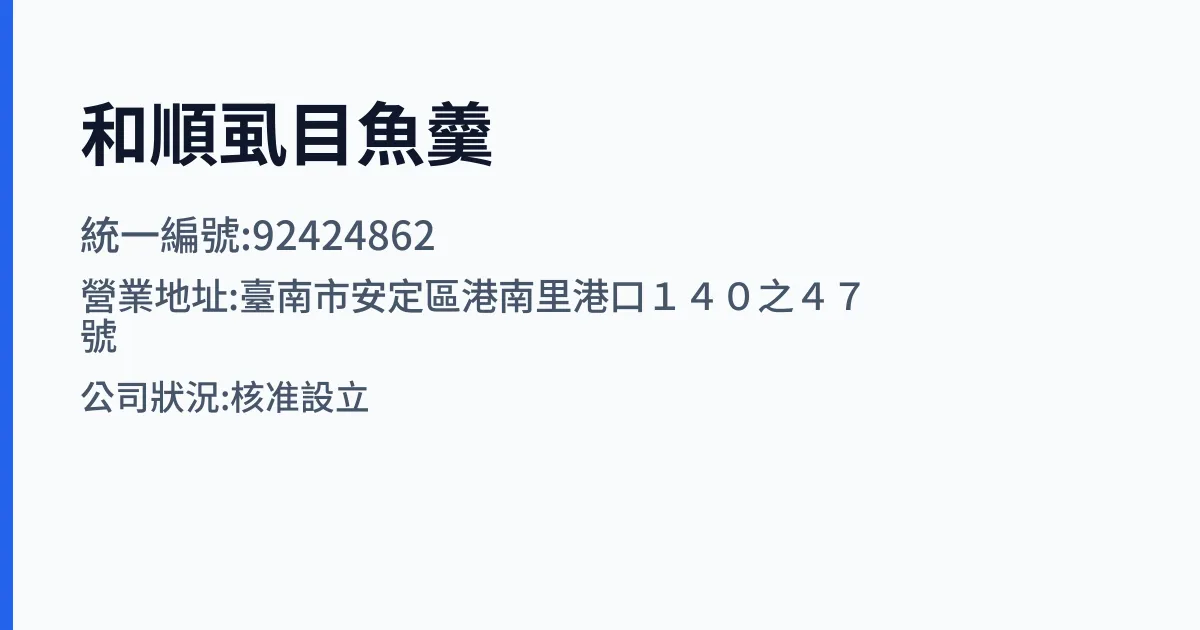 和順虱目魚羹 - 統編 92424862(臺南市) 公司登記資料與營業項目詳細圖表