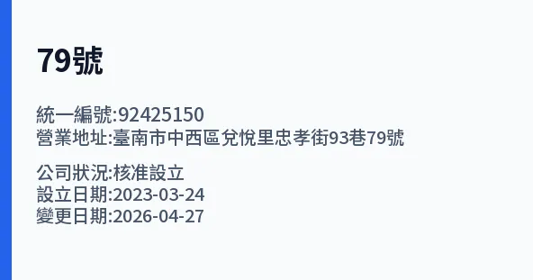 79號的照片-統編 92425150(臺南市) 公司登記資料與營業項目詳細圖表