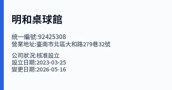 明和桌球館的照片-統編 92425308(臺南市) 公司登記資料與營業項目詳細圖表