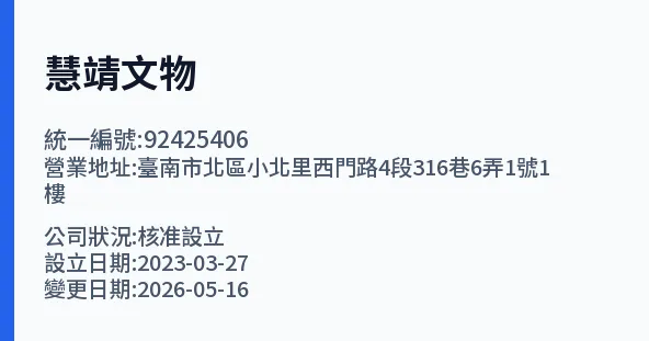 慧靖文物的照片-統編 92425406(臺南市) 公司登記資料與營業項目詳細圖表