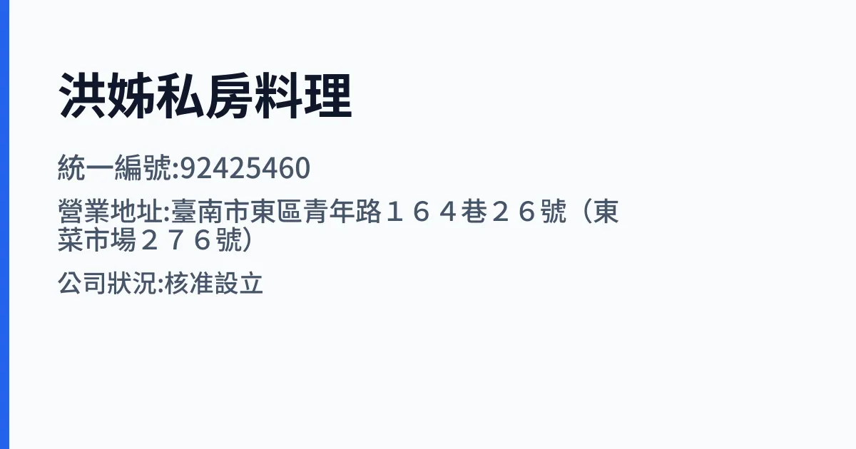 洪姊私房料理 - 統編 92425460(臺南市) 公司登記資料與營業項目詳細圖表