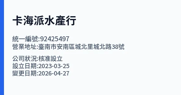 卡海派水產行的照片-統編 92425497(臺南市) 公司登記資料與營業項目詳細圖表