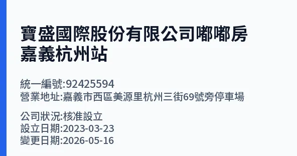 寶盛國際股份有限公司嘟嘟房嘉義杭州站的照片-統編 92425594(嘉義市) 公司登記資料與營業項目詳細圖表