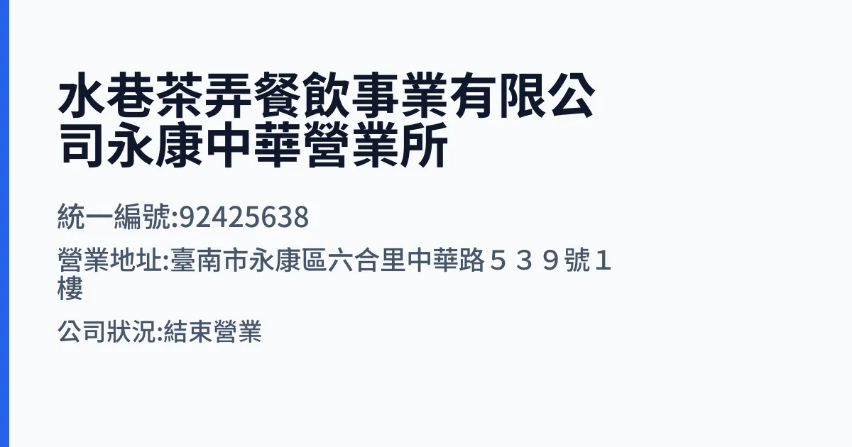 水巷茶弄餐飲事業有限公司永康中華營業所 - 統編 92425638(臺南市) 公司登記資料與營業項目詳細圖表