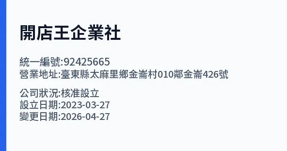 開店王企業社的照片-統編 92425665(臺東縣) 公司登記資料與營業項目詳細圖表