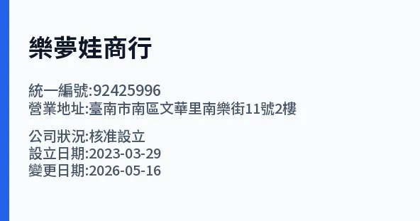 樂夢娃商行的照片-統編 92425996(臺南市) 公司登記資料與營業項目詳細圖表