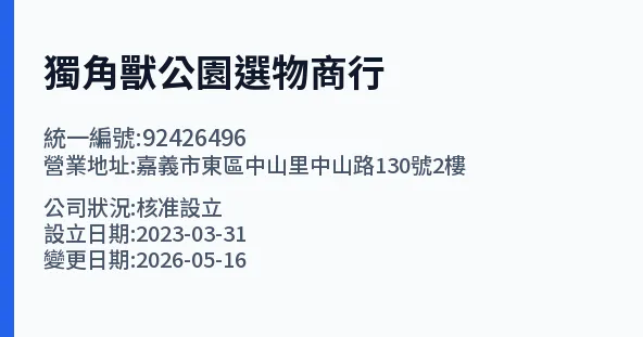 獨角獸公園選物商行的照片-統編 92426496(嘉義市) 公司登記資料與營業項目詳細圖表