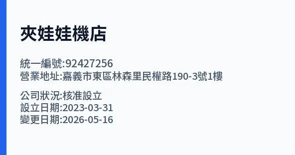 夾娃娃機店的照片-統編 92427256(嘉義市) 公司登記資料與營業項目詳細圖表