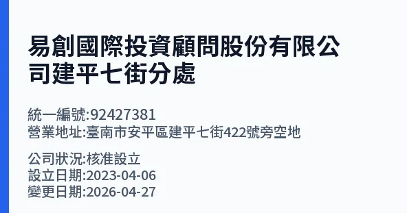 易創國際投資顧問股份有限公司建平七街分處的照片-統編 92427381(臺南市) 公司登記資料與營業項目詳細圖表