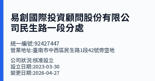 易創國際投資顧問股份有限公司民生路一段分處的照片-統編 92427447(臺南市) 公司登記資料與營業項目詳細圖表