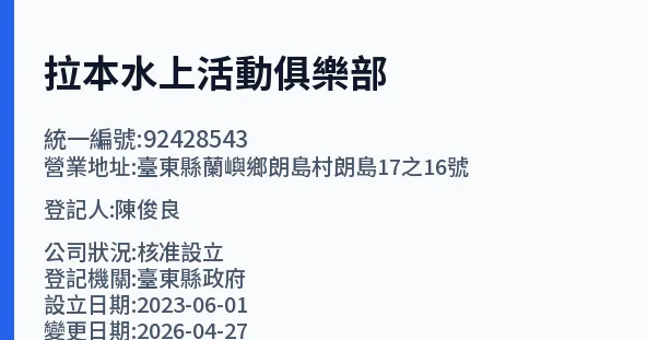 拉本水上活動俱樂部的照片-統編 92428543(臺東縣) 公司登記資料與營業項目詳細圖表